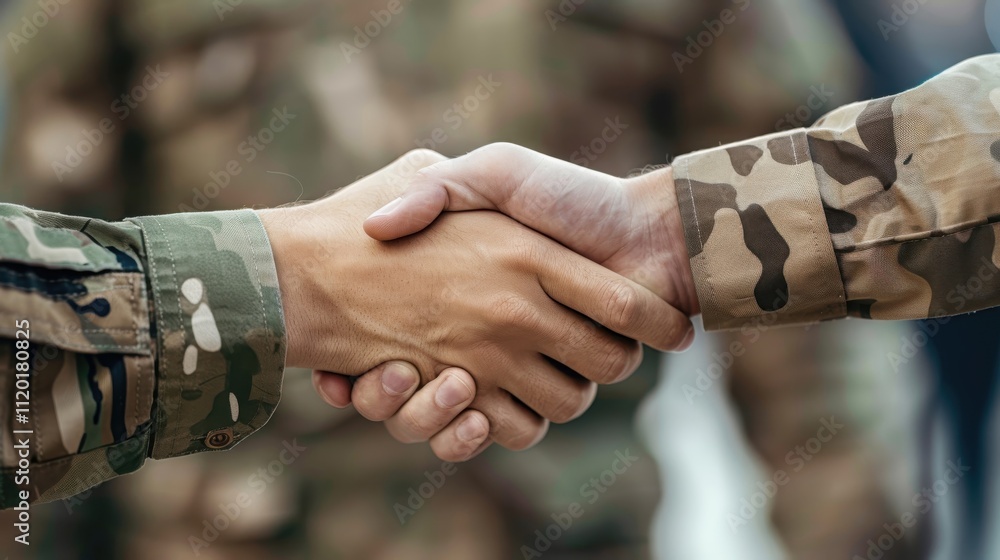Military personnel engage in a handshake symbolizing alliance and ...