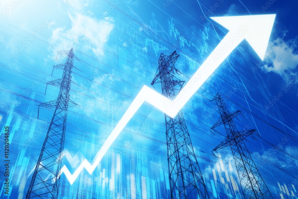 Electric grid with growing arrow up graph. Rising price of energy ...