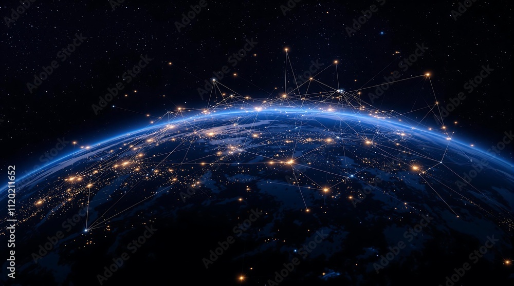 Night planet earth from space with light lines of communication and ...