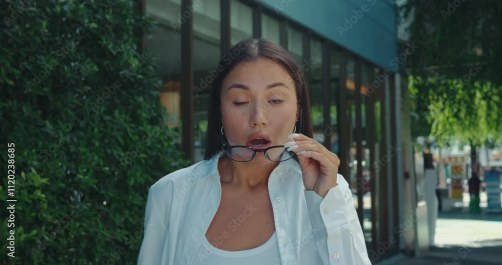 Stunned expression woman removes glasses face clearly showing emotions ...