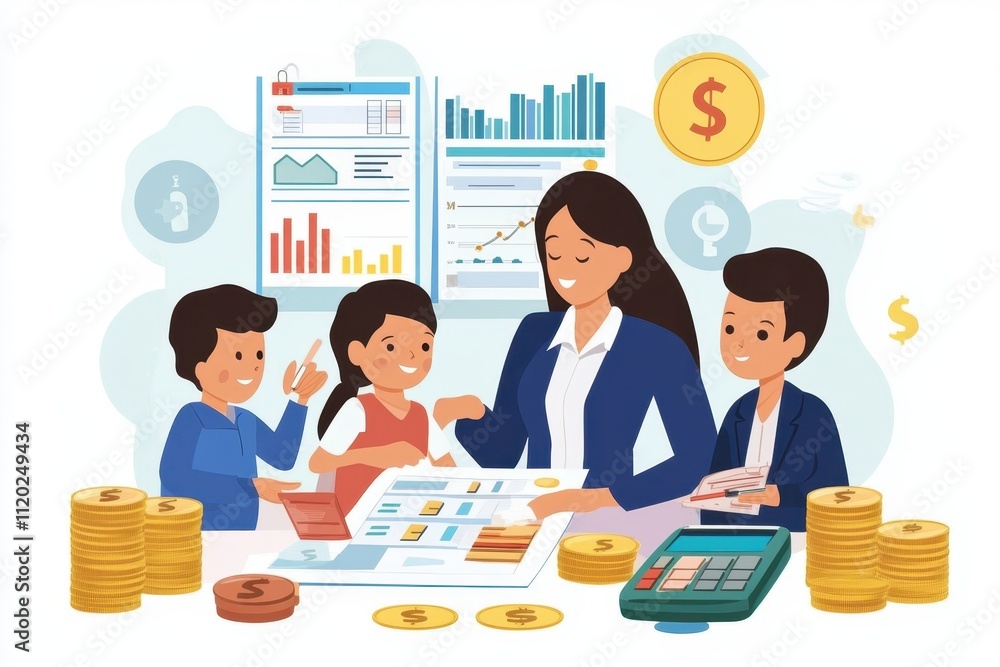 Young family learning financial literacy with money charts and coins in ...