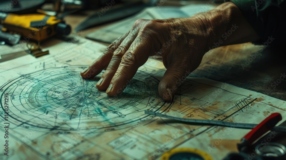 Close-up of aged hand pointing at a technical drawing on a cluttered ...