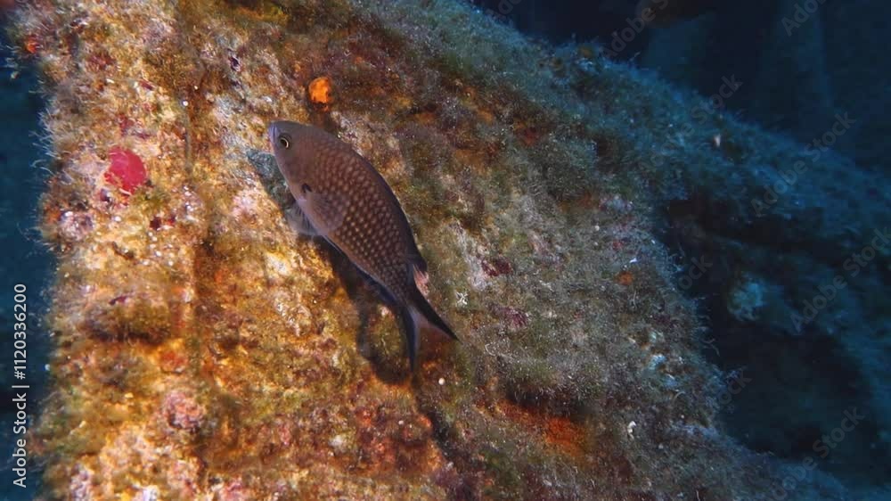 Fish feeding and swimming on the wreck of the ship, deep sea. Wreck and ...