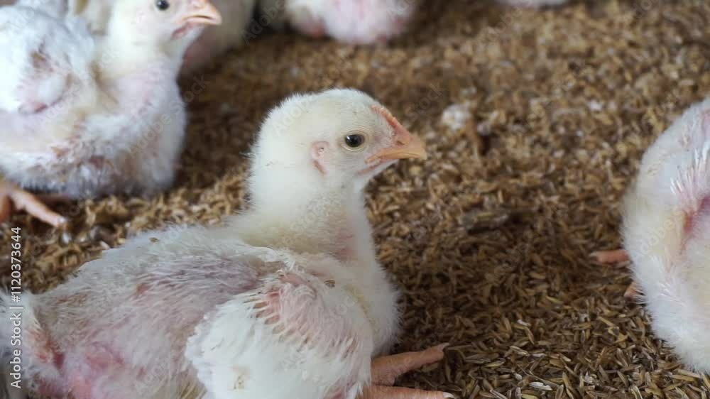 Broiler chicks on a small poultry farm, Closeup shot of a small broiler ...