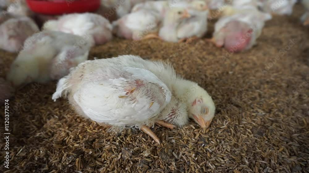 Broiler chicks on a small poultry farm, Closeup shot of a small broiler ...