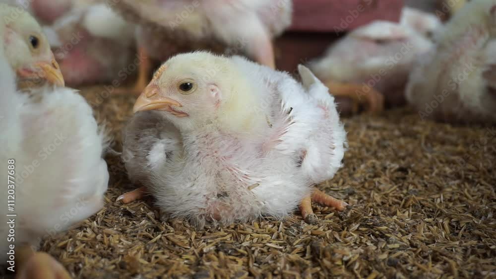 Broiler chicks on a small poultry farm, Closeup shot of a small broiler ...