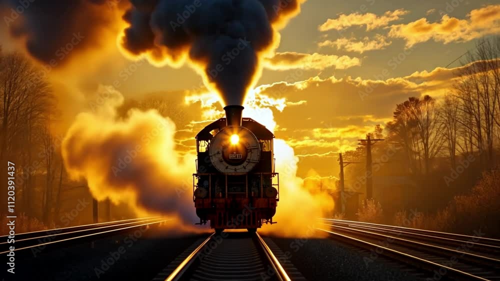 Ancient steam train driving in sunset light silhouette. Coal powered ...