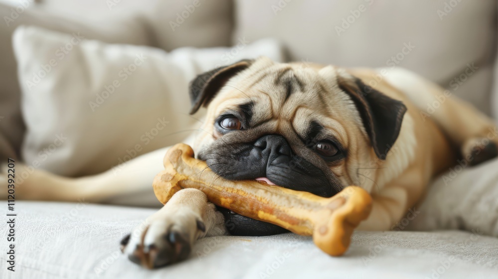Playful pug lying on a couch, holding a large bone-shaped biscuit in ...