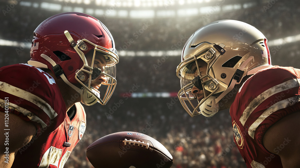 Intense face-off between two American football players in helmets and ...