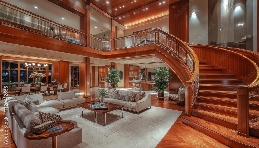 Luxury multi-story home featuring sleek wooden stairs, custom cabinetry ...