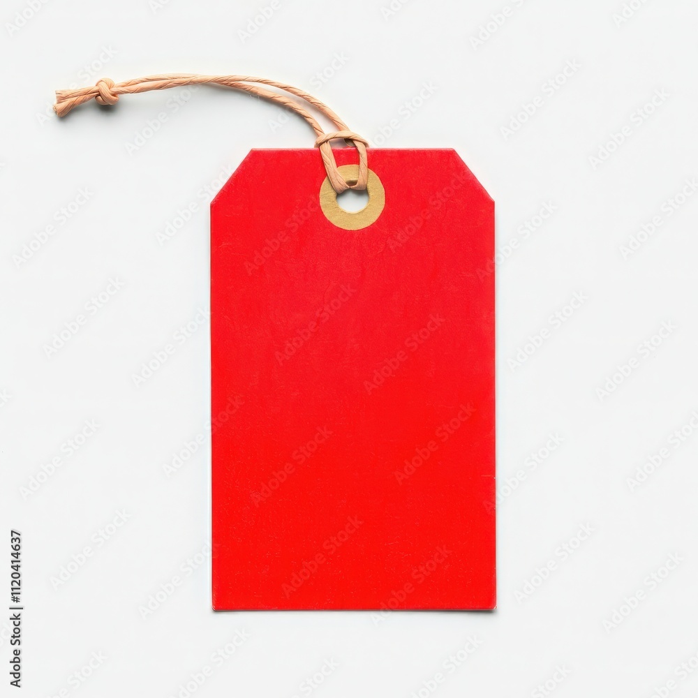 Bright red blank price tag with string on white background for sales ...