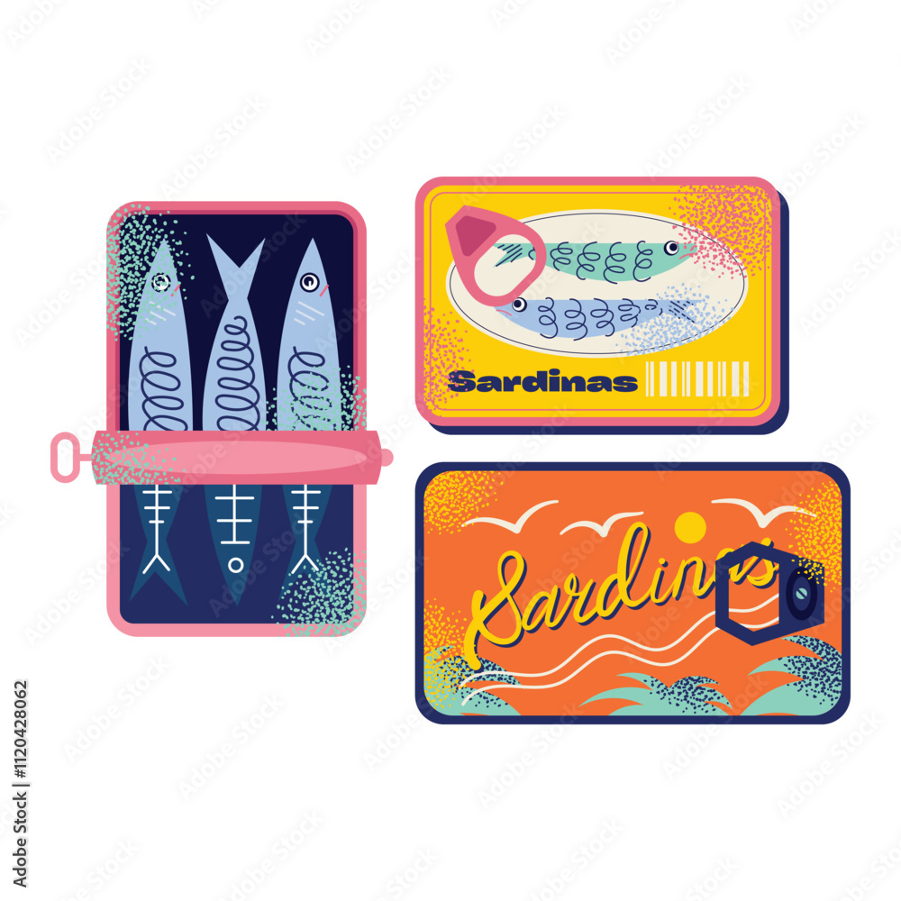 Sardines, seafood packaging, crab, octopus, and lemon slices. Flat ...