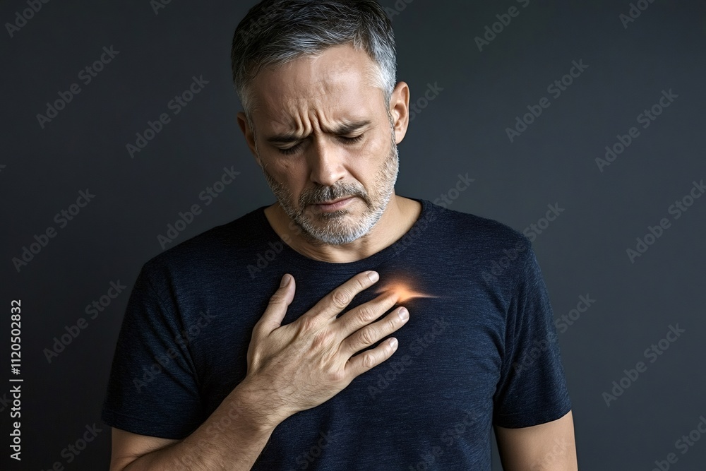 Man experiencing intense chest pain, possibly indicating a heart attack ...