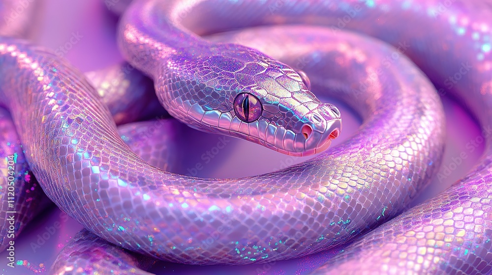 Closeup of a cute harmless pink holographic snake against bokeh and ...