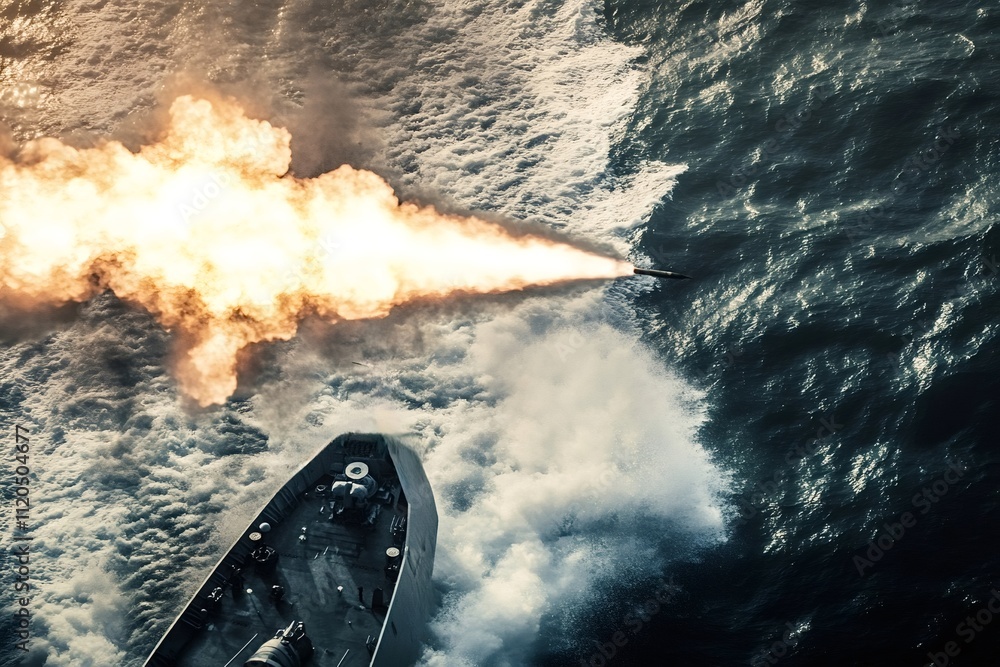 Modern warship launching missile from the ocean during military ...