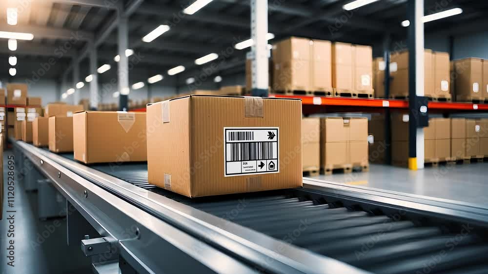 Cardboard Boxes on a Conveyor Belt in a Modern Warehouse with ...