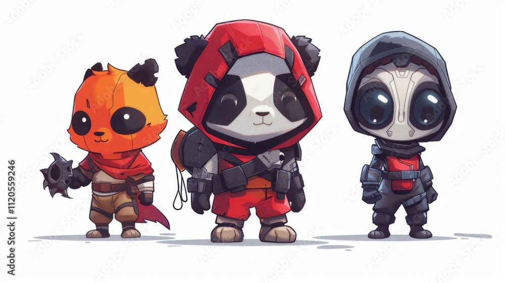 illustraction of techwear chibi panda ninjas robot mecha future ...