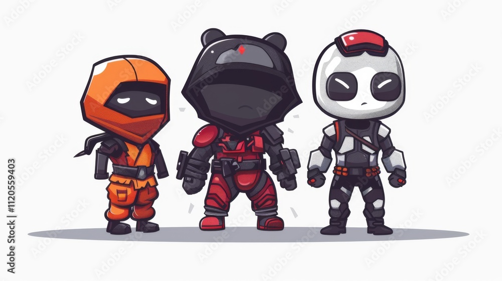 ภาพประกอบสต็อก illustraction of techwear chibi panda ninjas robot mecha ...