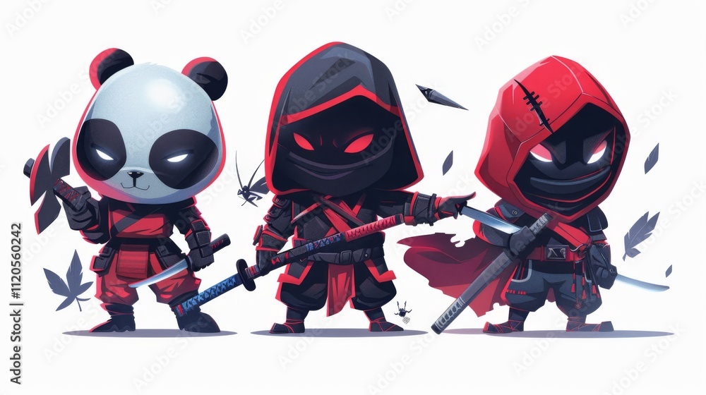 illustraction of techwear chibi panda ninjas robot mecha future ...