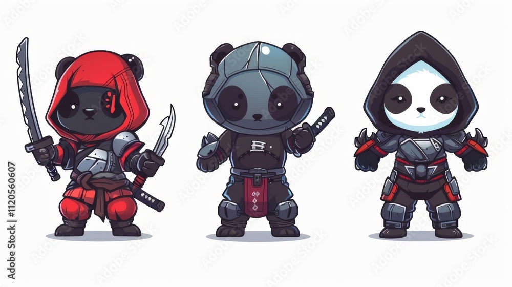 illustraction of techwear chibi panda ninjas robot mecha future ...