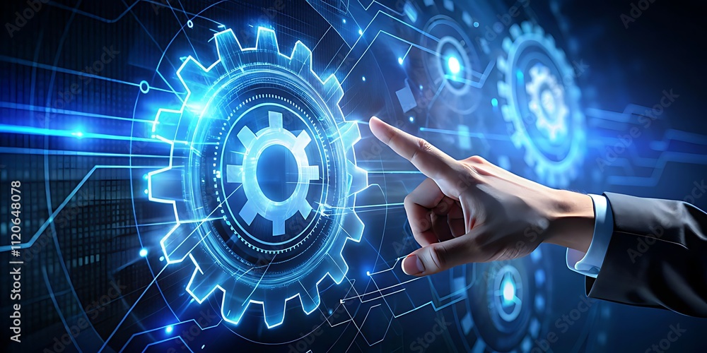 Photographic Hand Pointing at a Floating Digital Interface: Gear Icon ...