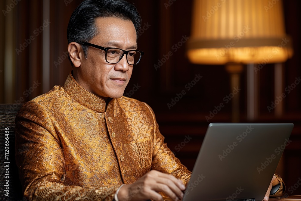 Professional Filipino CEO engaged in a video conference while wearing ...