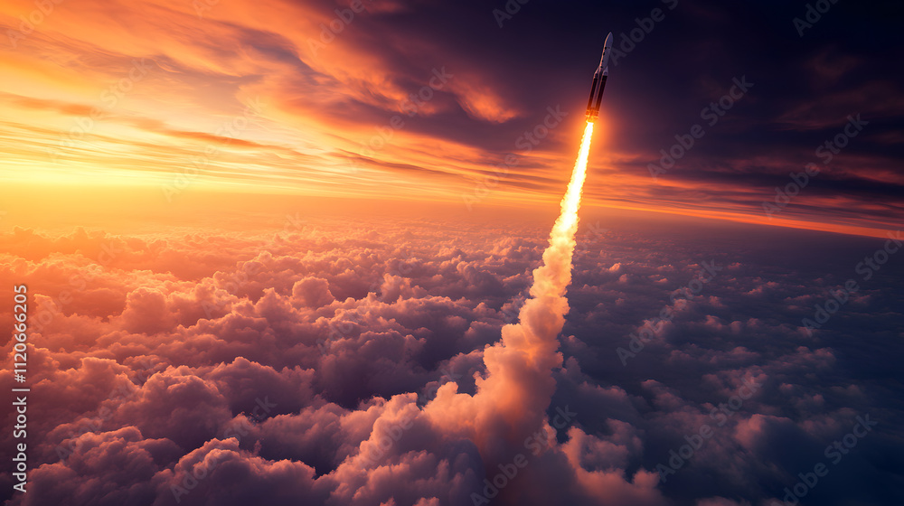 Rocket Soaring Through Vibrant Sunset Skies, Leaving a Fiery Trail Over ...