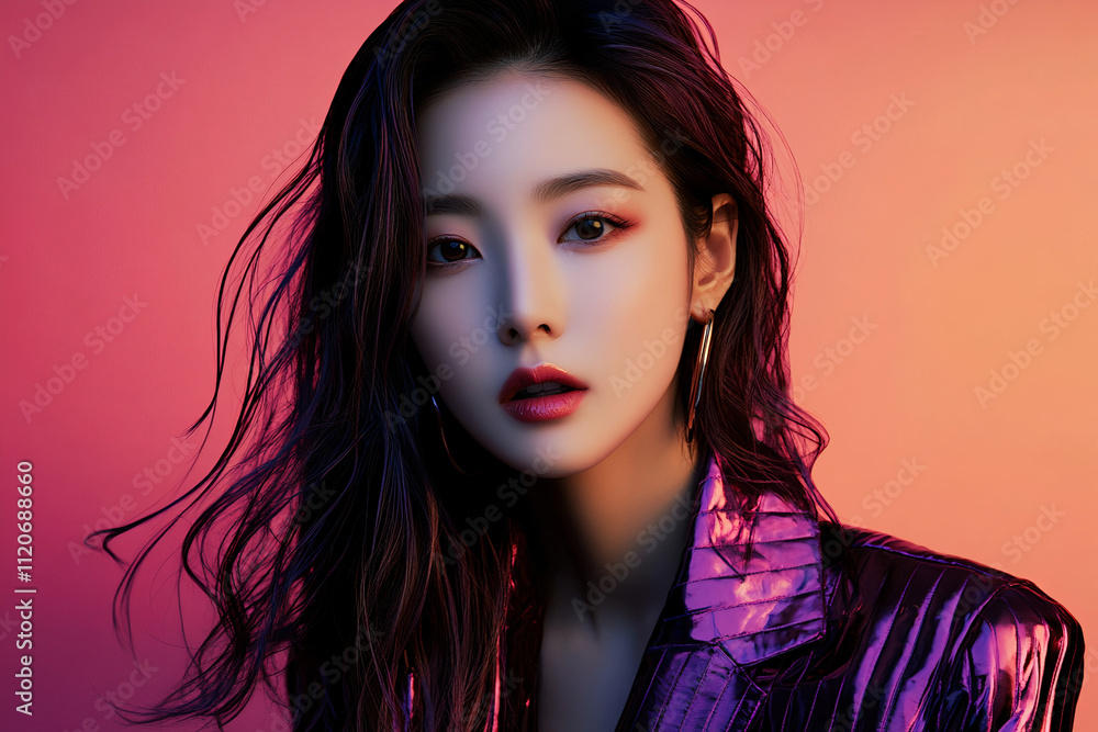 Stylized close-up of a k-pop inspired model with a vibrant neon ...