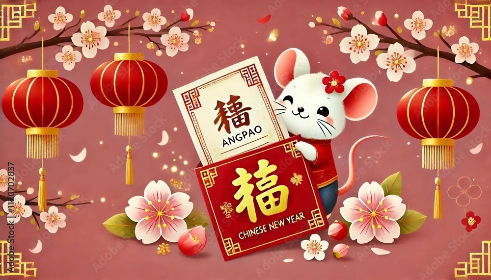 A digital illustration of a cute white mouse holding a red envelope ...
