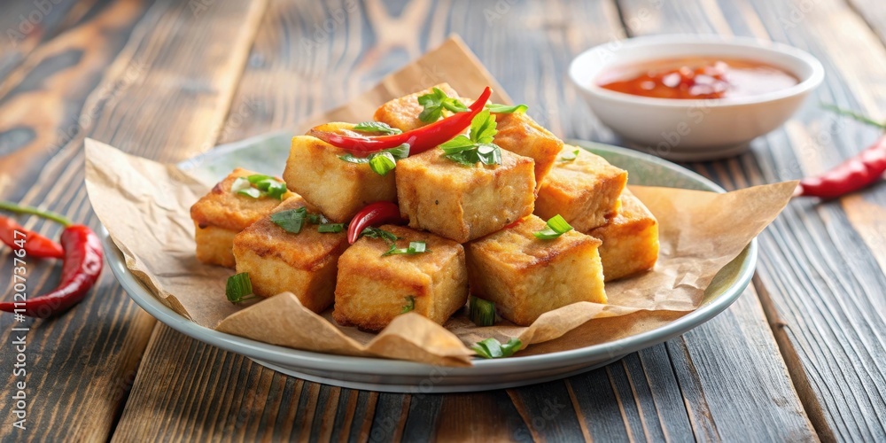 Street special snack of fried stinky tofu served on a paper plate with ...