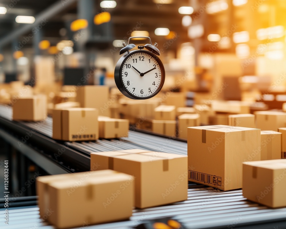 drop shipping store clock Concept. A clock hovers above a conveyor belt ...