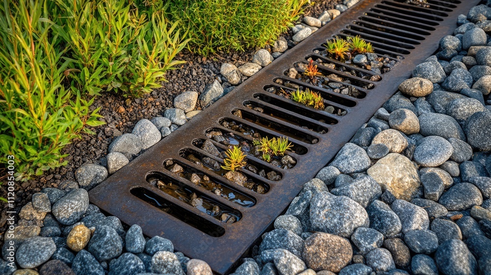 Iron stormwater drain integrated with landscaping featuring rocks and ...