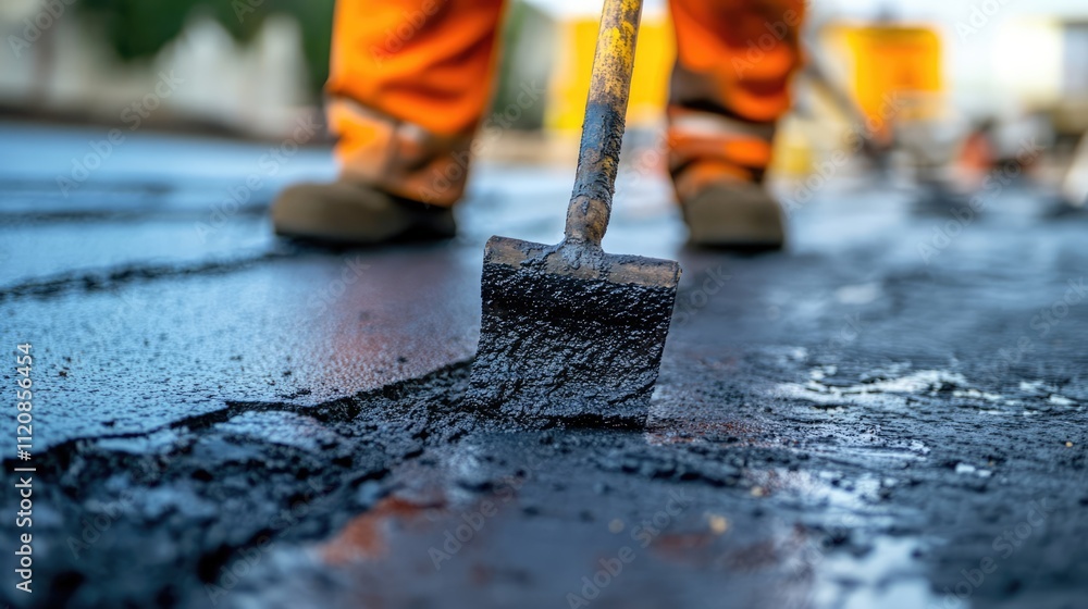 Professional asphalt repair worker applying sealant filler to cracks in ...