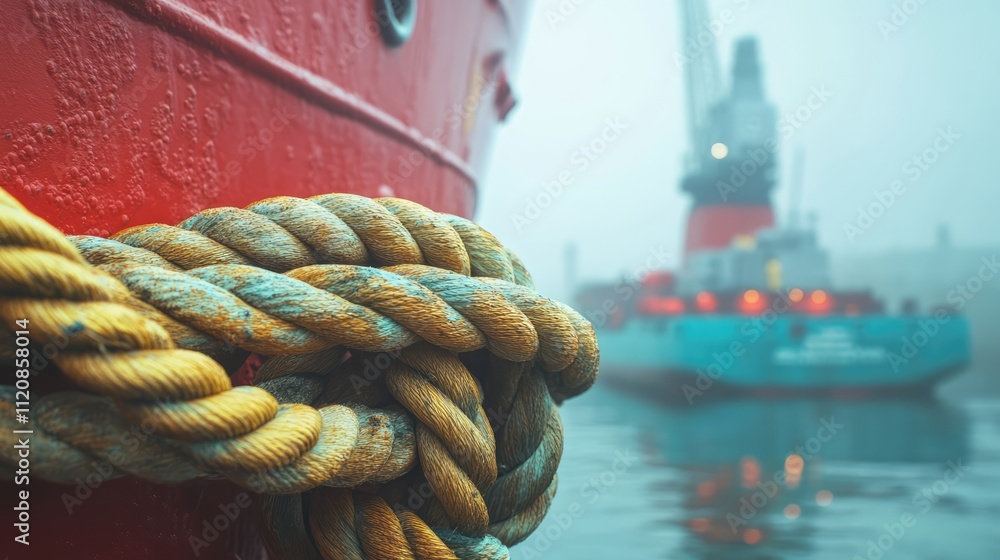Hawser rope tied to a mooring bollard on a construction vessel in foggy ...