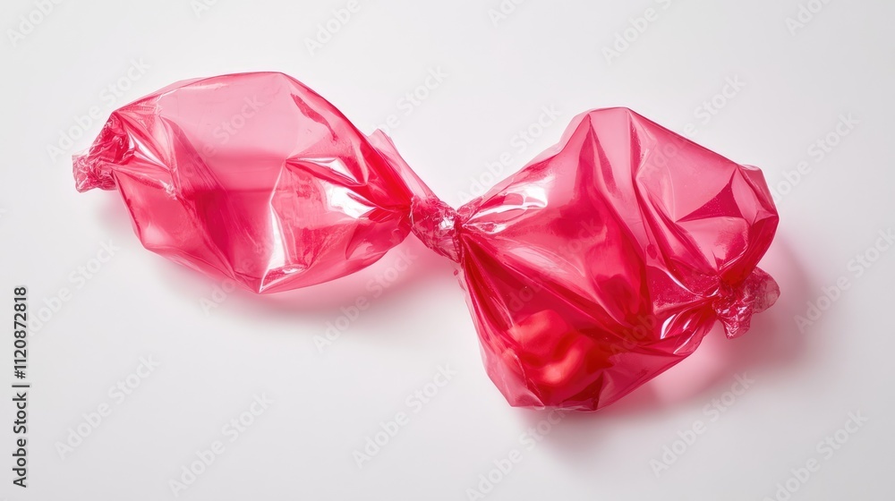 Pink candy wrapper with opened ends revealing chewy gum inside, set ...