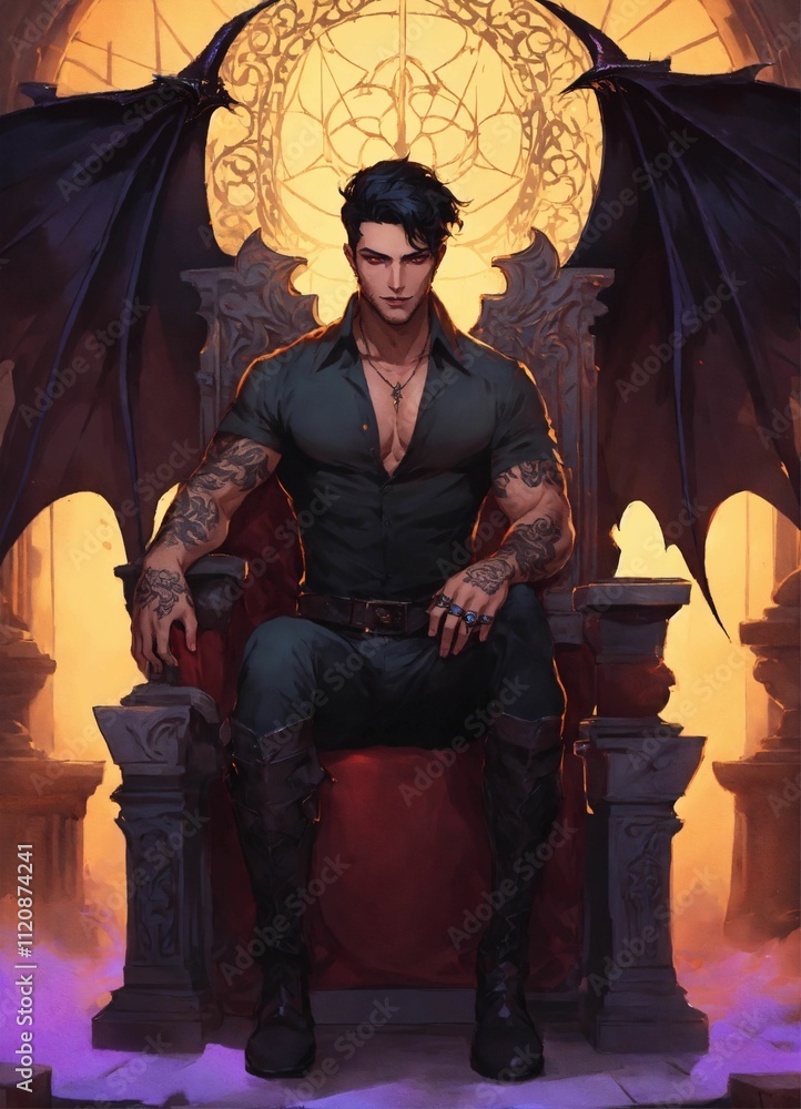 a handsome half demon man with short black hair, dark eyes and huge bat ...