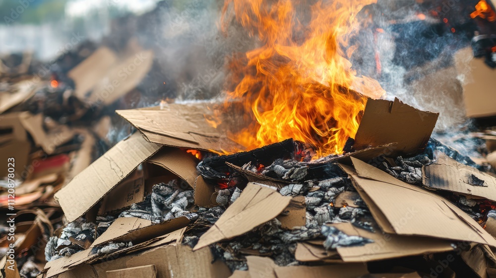 Burning pile of cardboard boxes engulfed in flames with rising smoke ...