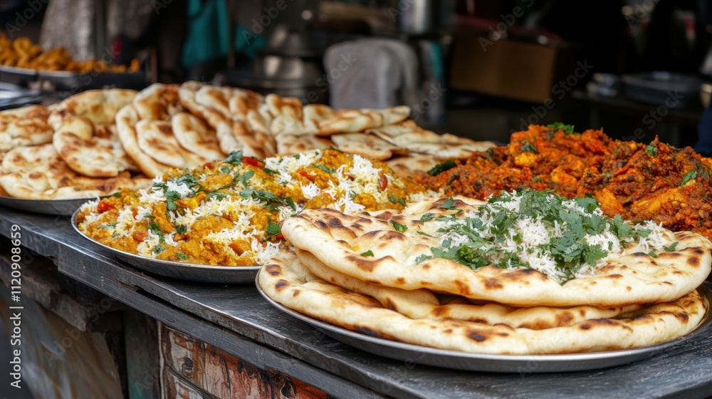 Traditional Indian food vendor serving naan bread, flavorful curry, and ...
