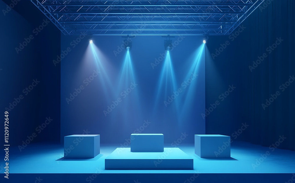 A 3D-rendered empty stage with blue spotlights shining from above ...