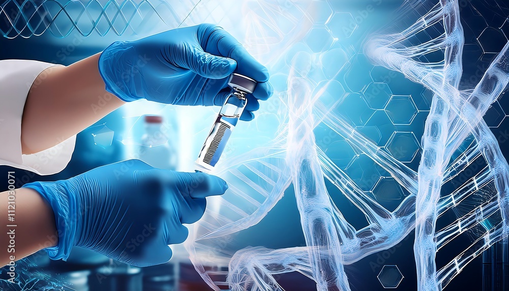 Gloved hands filling syringe from vial, overlaid with DNA and ...