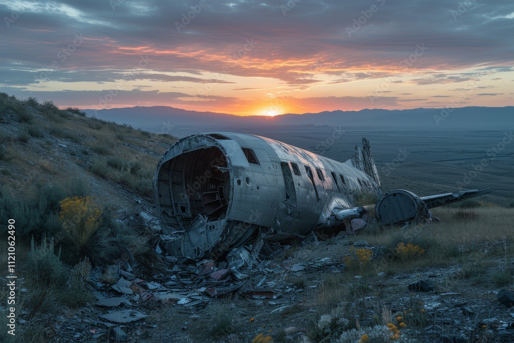 Crashed airplane wreck with destroyed debris and damaged fuselage set ...