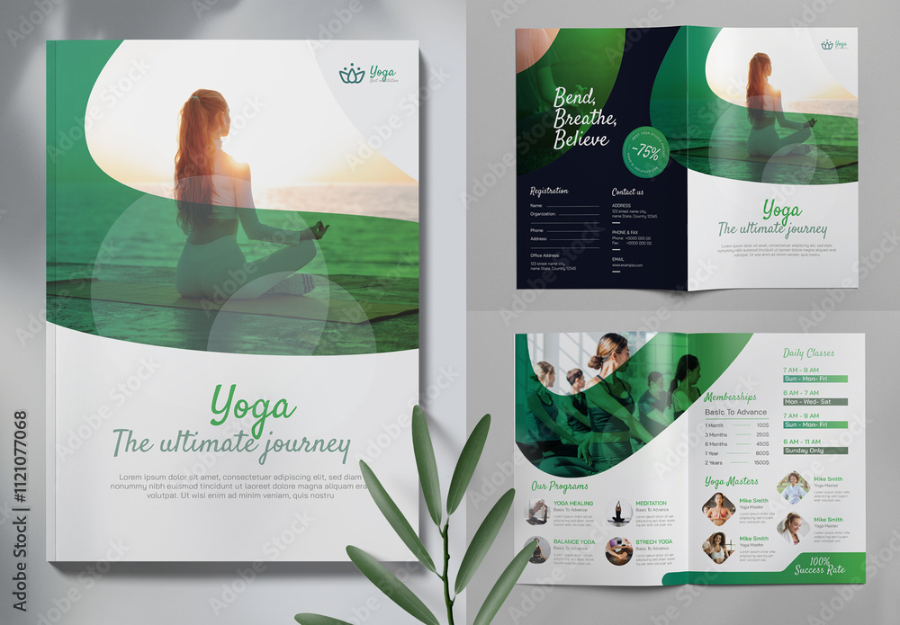 Modern Yoga Bifold Brochure Template With Green Accents Stock Template ...