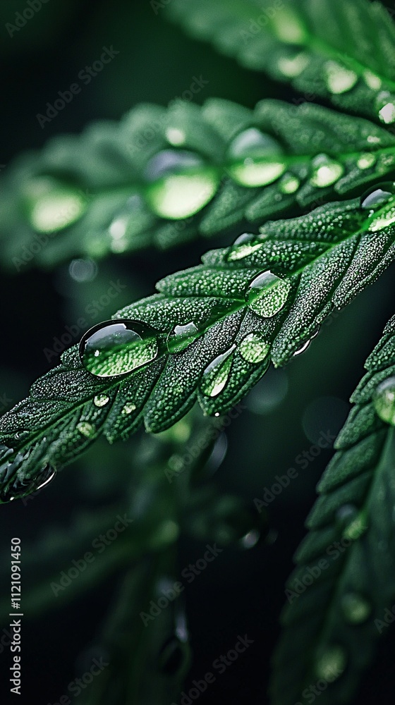 a vertical frame focusing on a fern leaf, glistening with dew, water droplets evaporating into ...