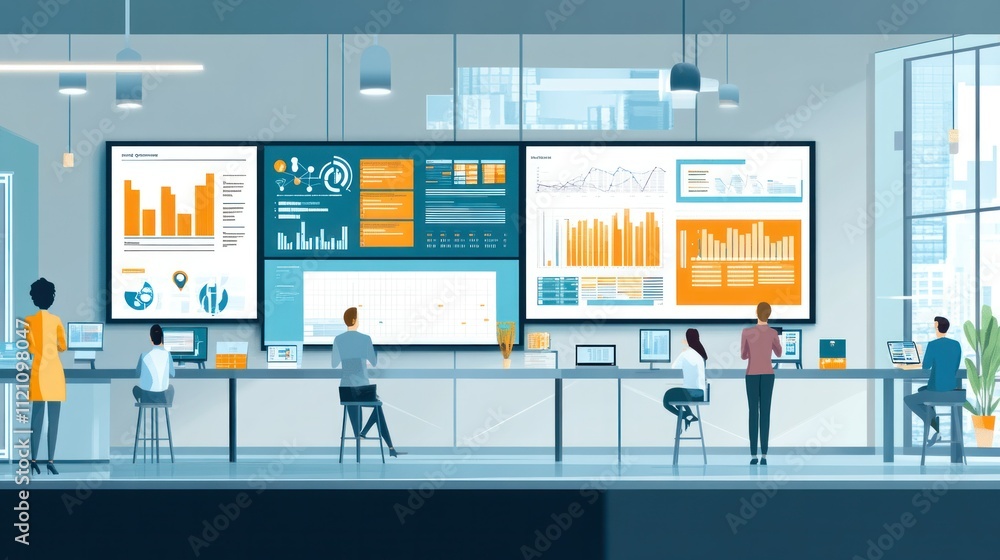 Office environment with a digital wall display top line shows marketing ...