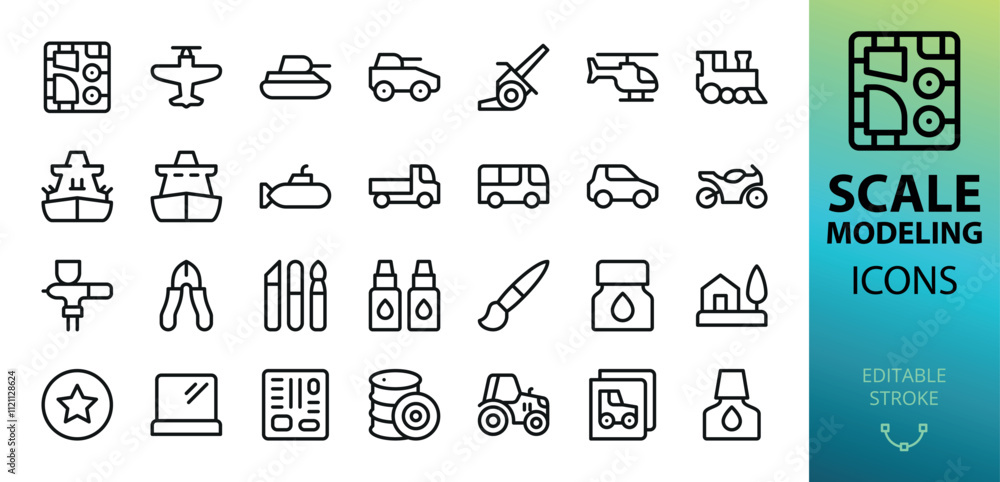 Scale modeling isolated icons. Set of plastic model kit, sprue ...