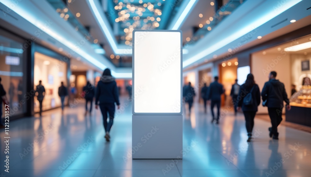 Interactive digital display in busy mall corridor. Blank white screen ...