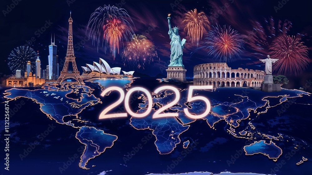 World Map with Iconic Landmarks Lit for New Year 2025 Stock Photo ...