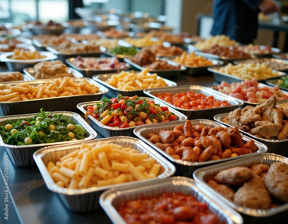 Buffet style meal with various dishes including pasta salad, meat ...