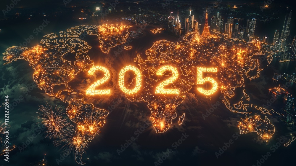 Global Fireworks Display Celebrating New Year 2025 Stock Illustration ...