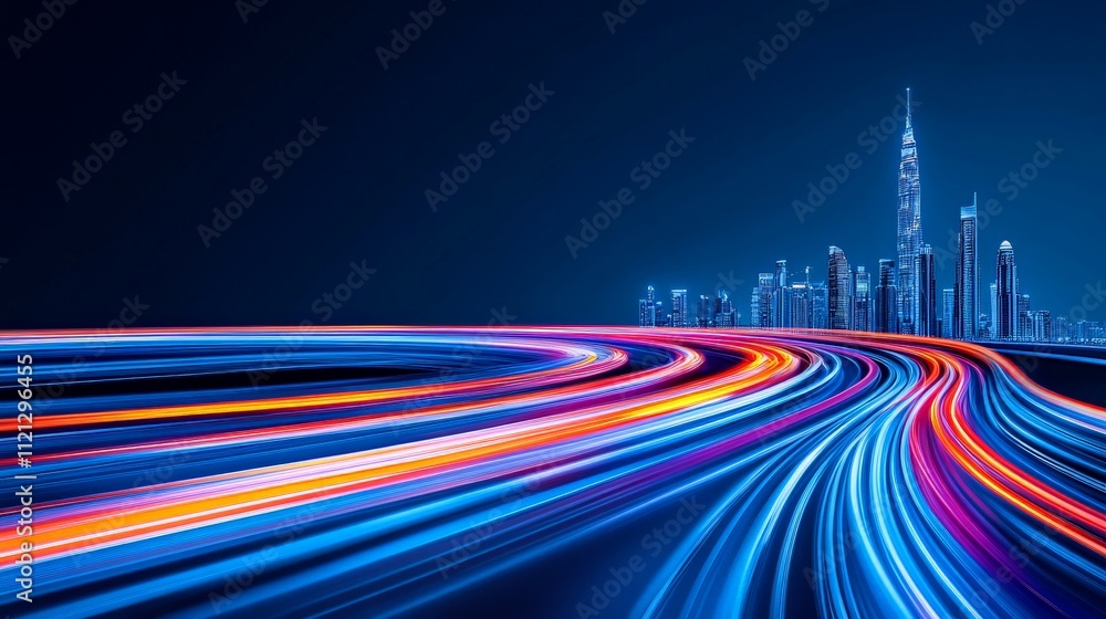 Dubai Nightscape: City Lights and Speed. Dynamic light trails streak ...